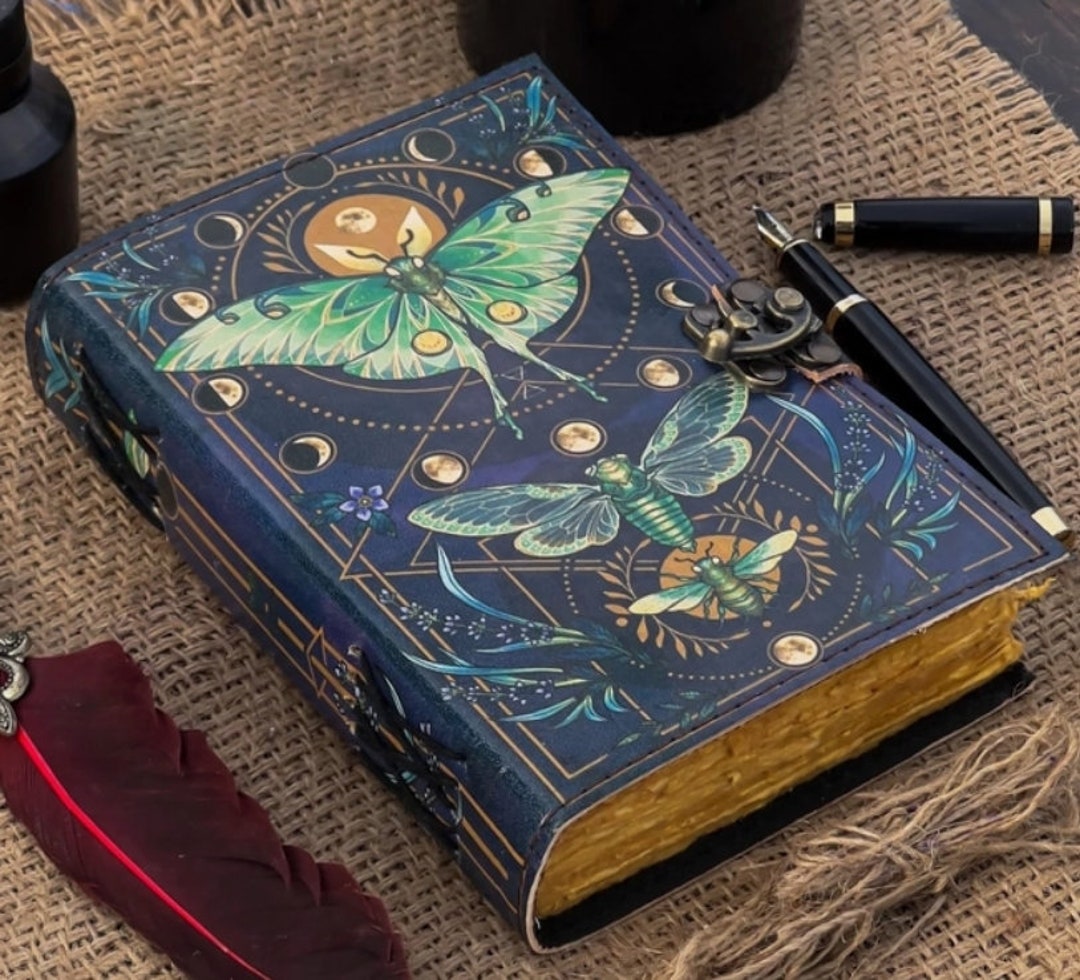 Lunar Moth Moon Phase Book of Shadows Vintage Leather, Handmade With ...