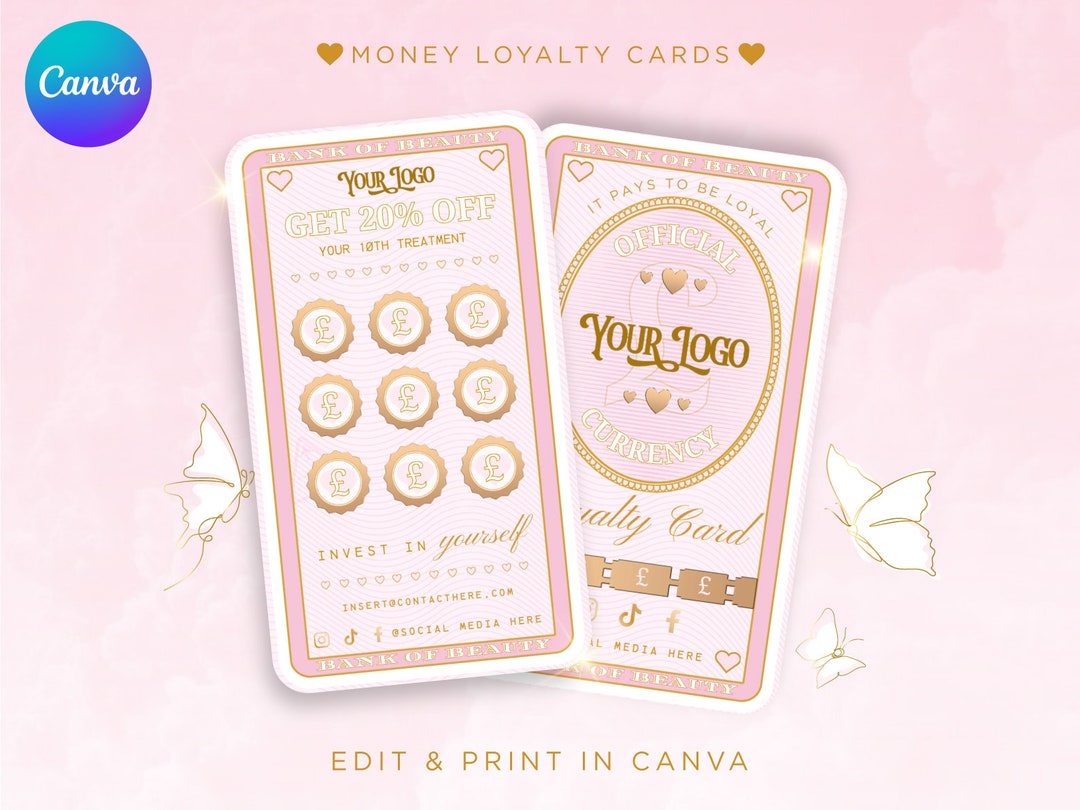 Pink & Gold Beauty Loyalty Card Template, Money Theme (customisable on ...