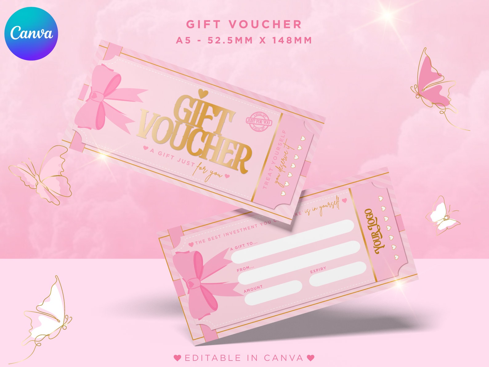 Pink Gift Voucher Template. Pink & Gold Beauty Gift Card. Customisable ...