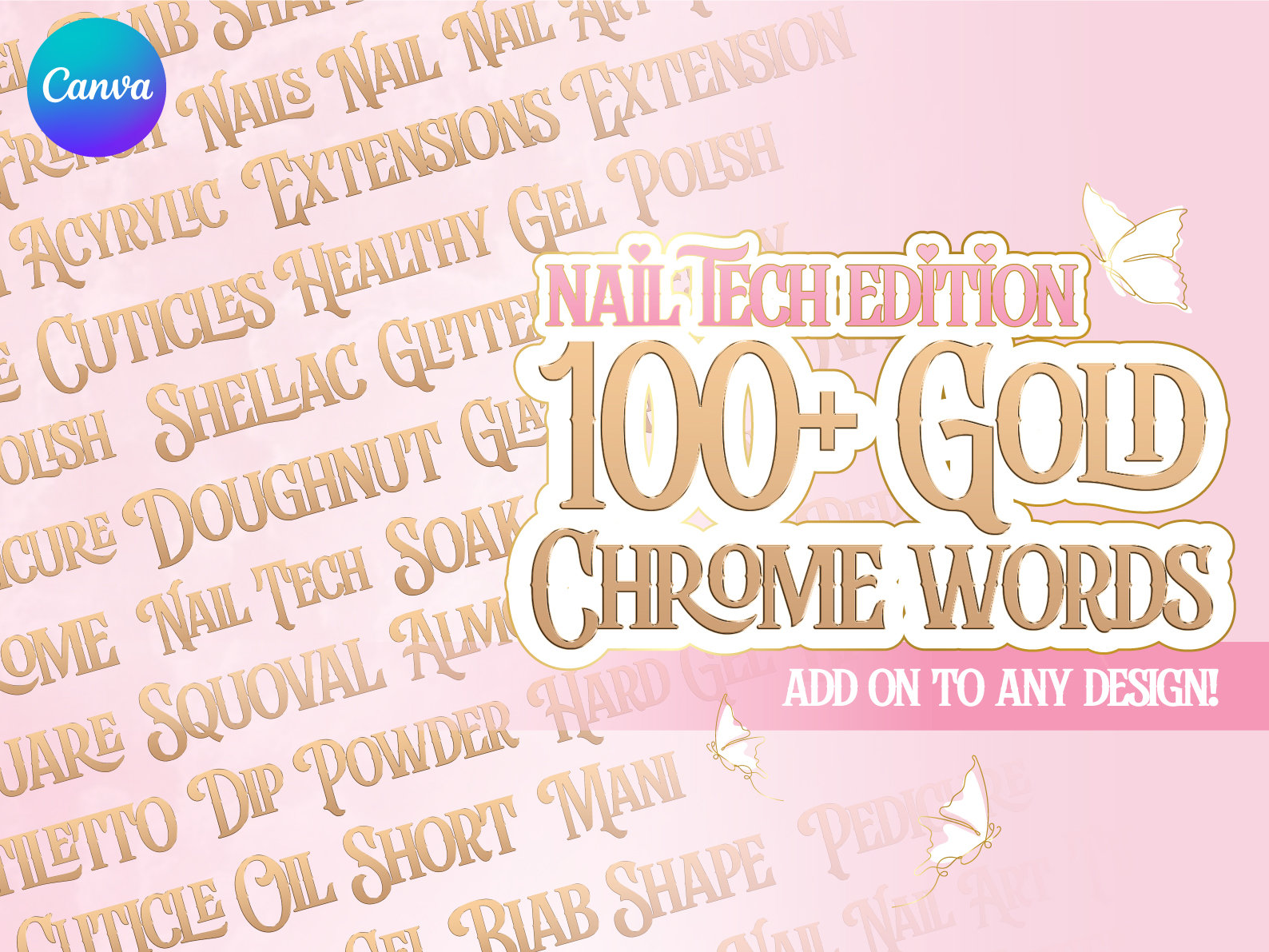 100 Chrome PNG Words for Nail Tech & Nail Artist. Calligraphy Gold ...