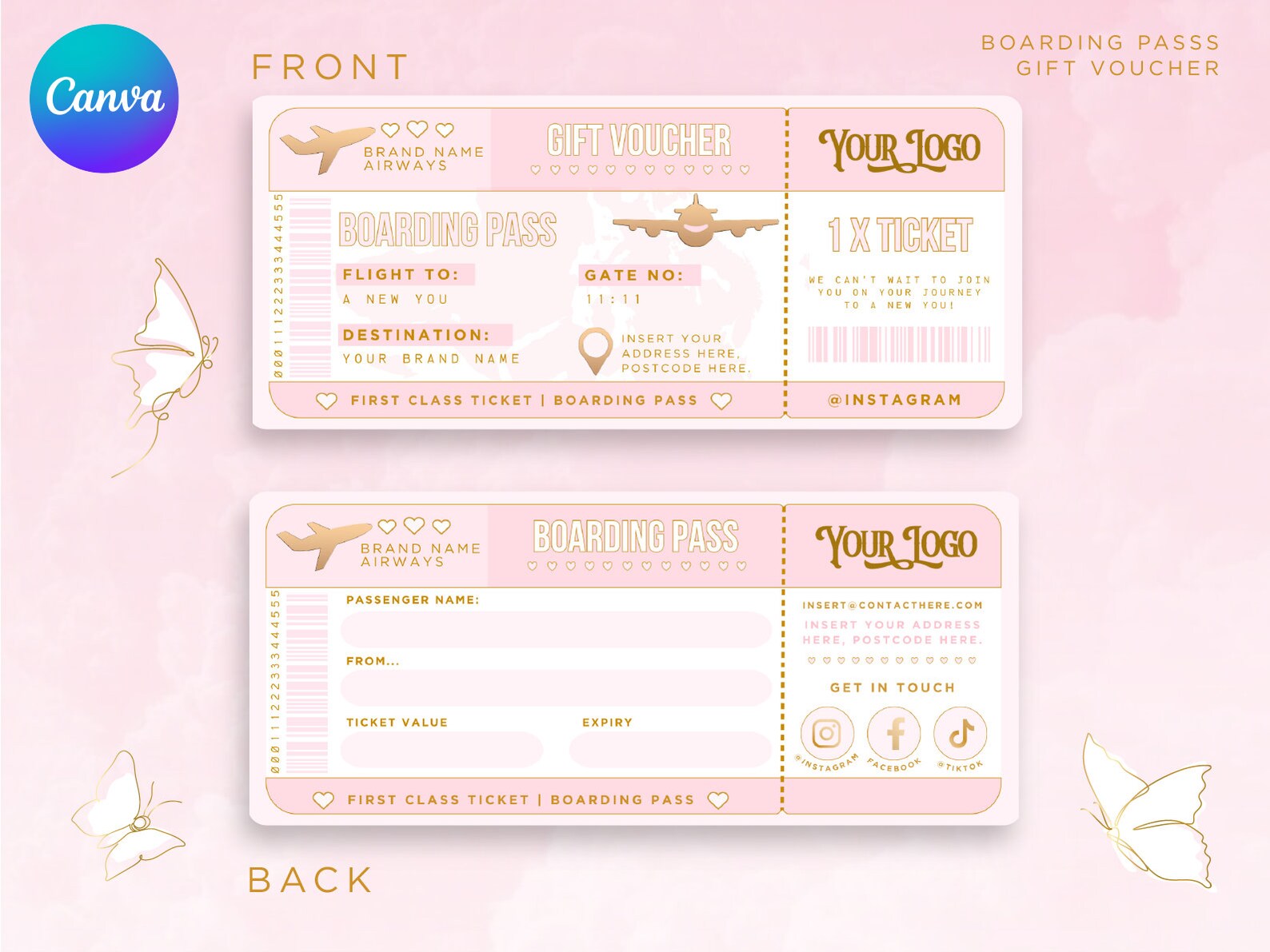 Pink & Gold Boarding Pass Gift Voucher Template (canva) - Etsy