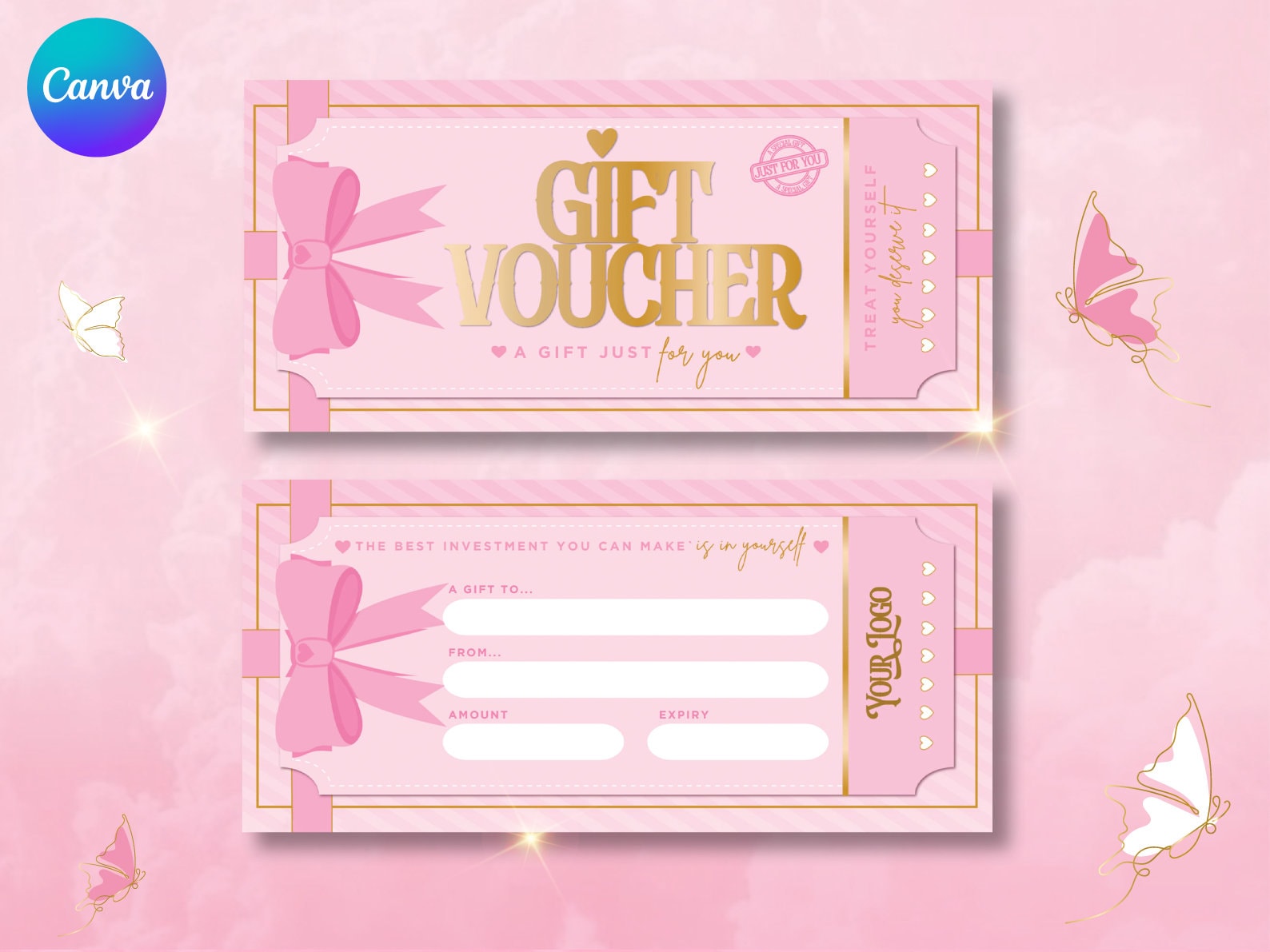 Pink Gift Voucher Template. Pink & Gold Beauty Gift Card. Customisable ...