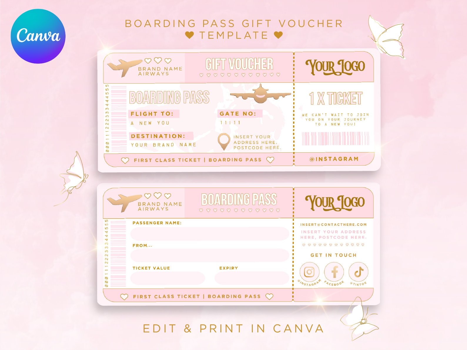 Pink & Gold Boarding Pass Gift Voucher Template (canva) - Etsy