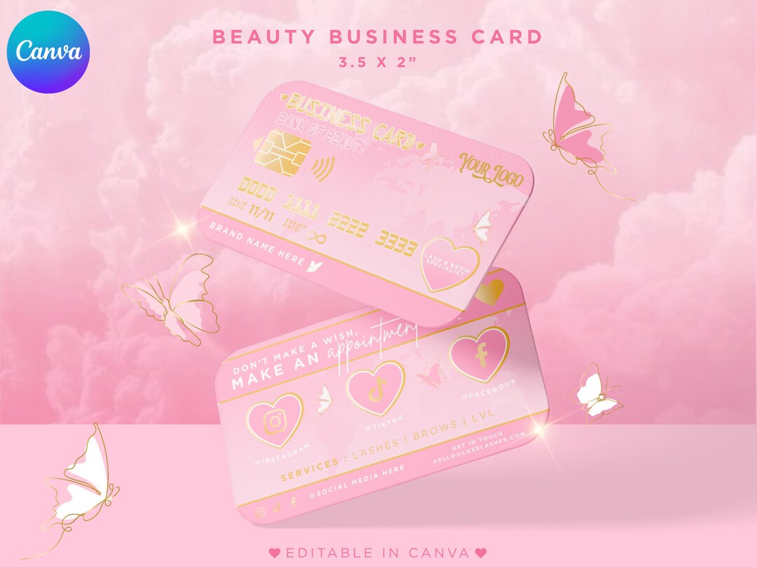 Business Card Template, Pink & Gold Beauty Credit Card. Customisable on ...