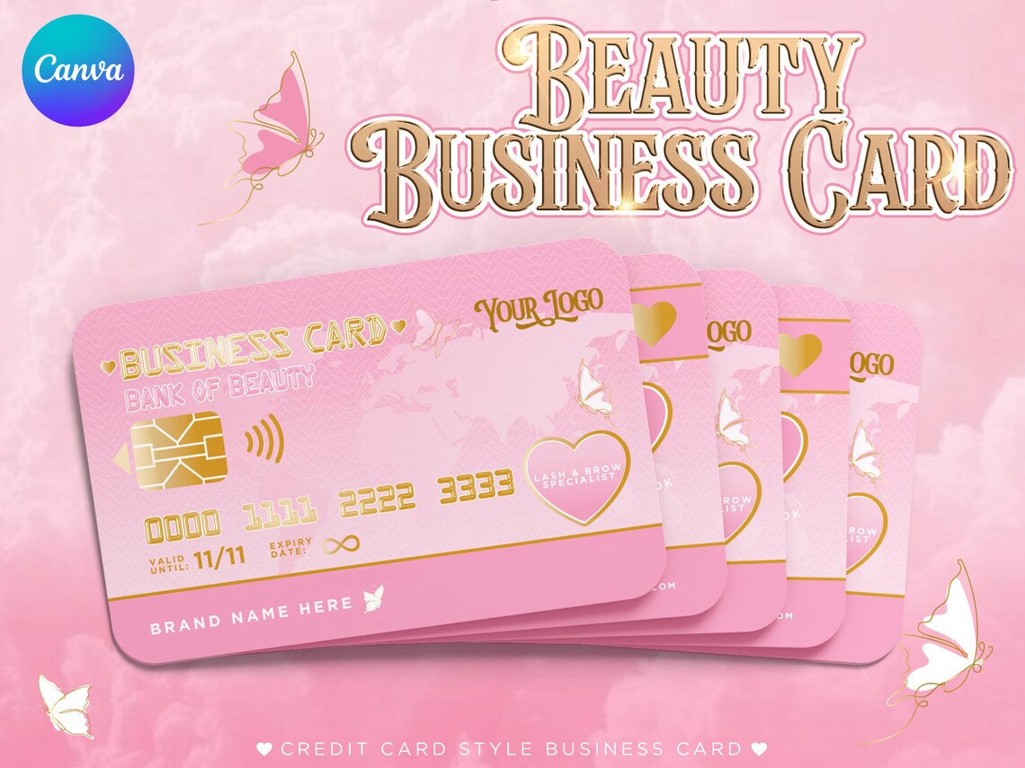 Pink & Gold Credit Card Business Card Template (customizable on Canva ...