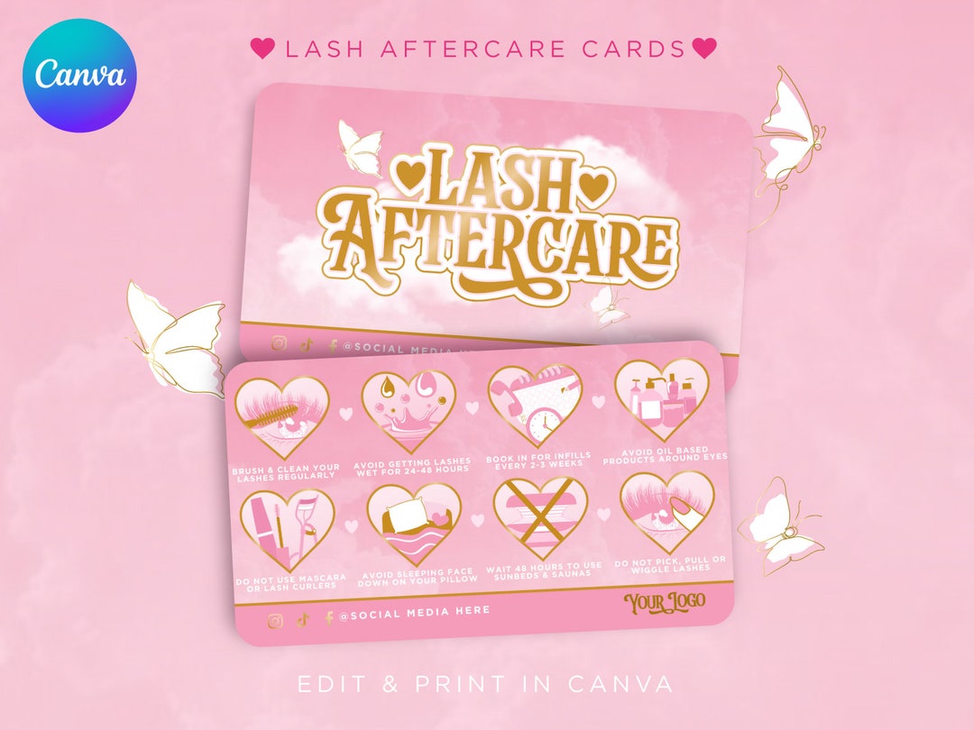 Lash Tech Aftercare Card Canva Template. Pink & Gold Luxury, 3.5" X 2 ...