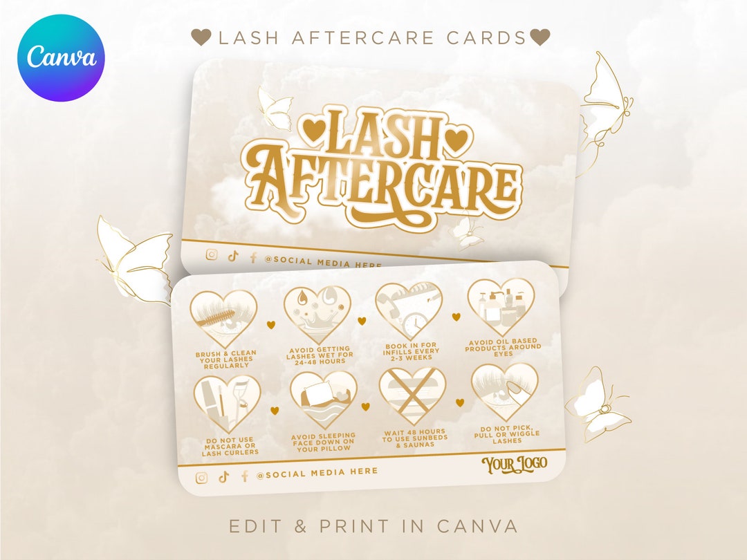 Lash Tech Aftercare Card Canva Template. Beige & Gold Luxury, 3.5" X 2 ...