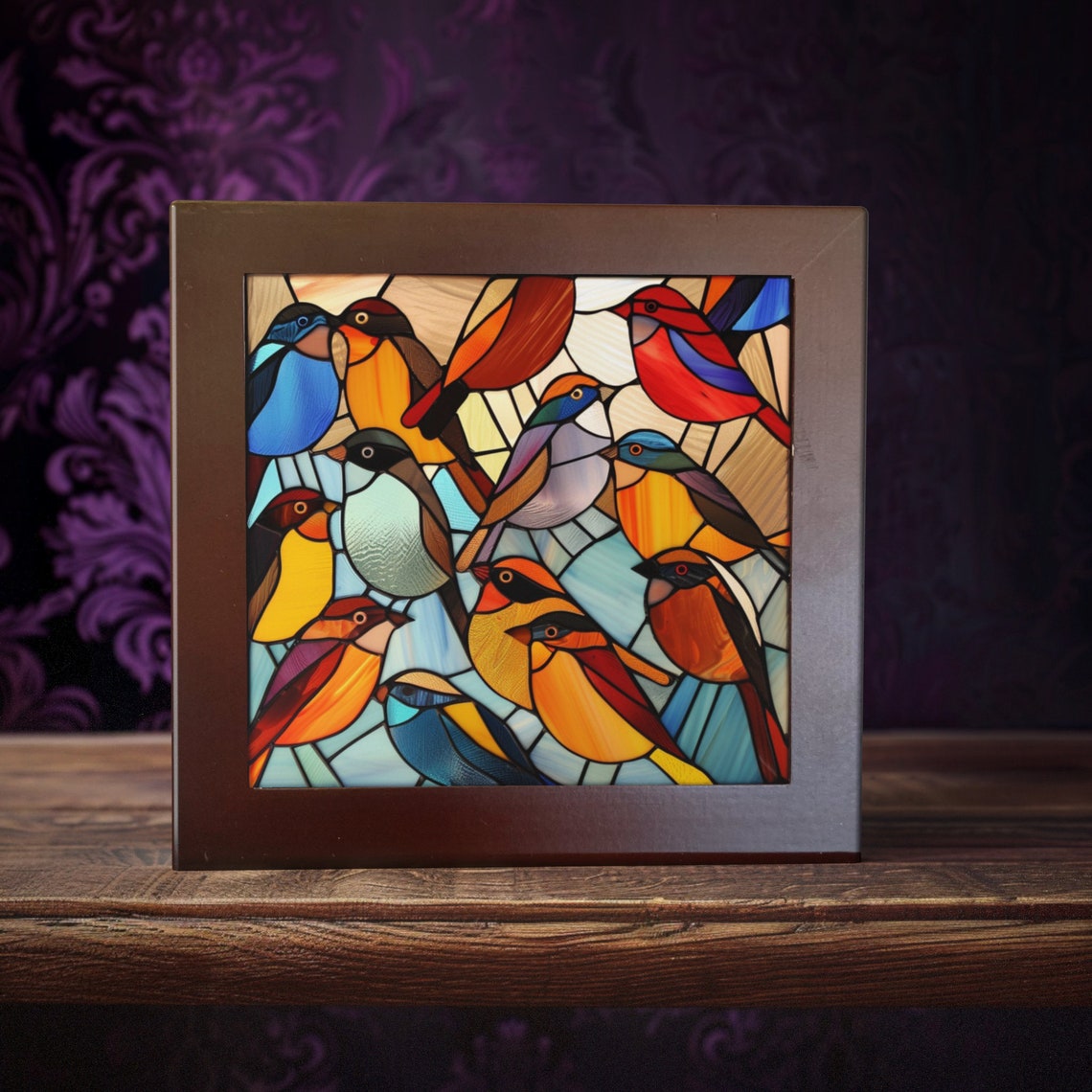 Twilight Tweets Artisan Ceramic Tile Vivid Avian Home Decor Peeping Tom ...