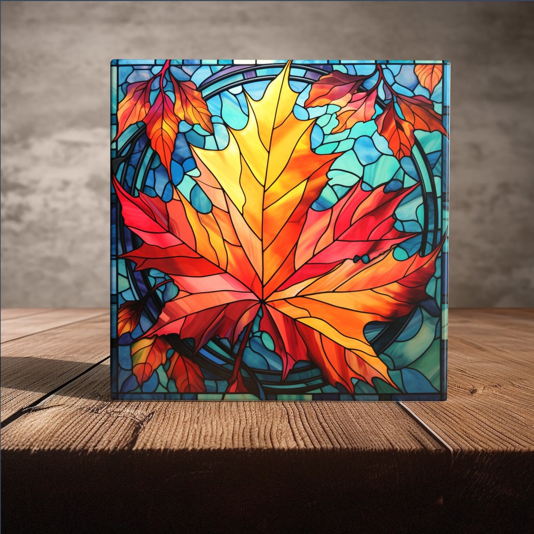 Giant Maple Leaf Ceramic Tile, Stained Glass-like Fall Leaves Art ...