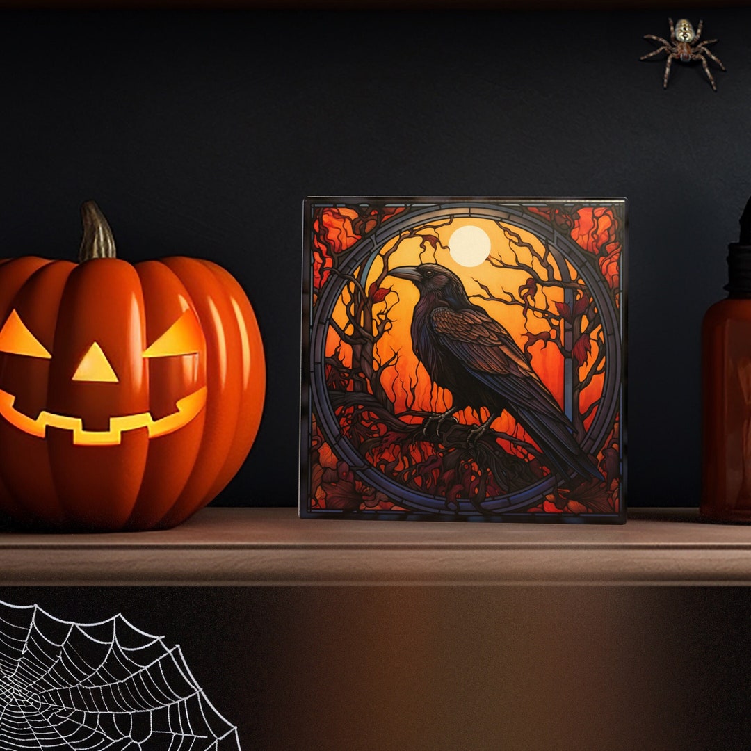 The Raven, Stained Glass-like Art Heirloom Home Décor Boho Art Ornate ...