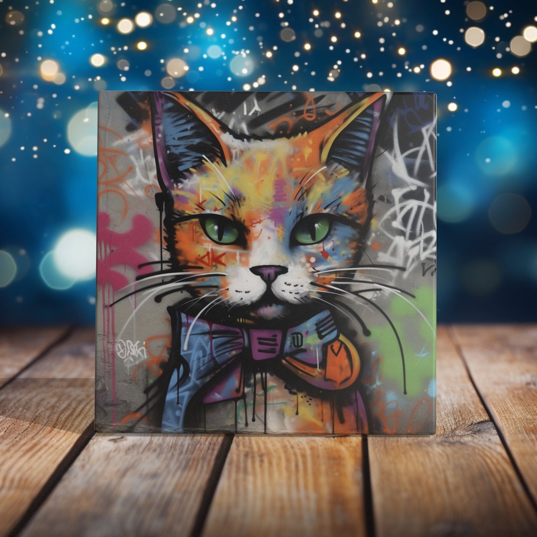 Urban Chic Graffiti Cat Art Tile - Bold and Colorful Street Art Style ...