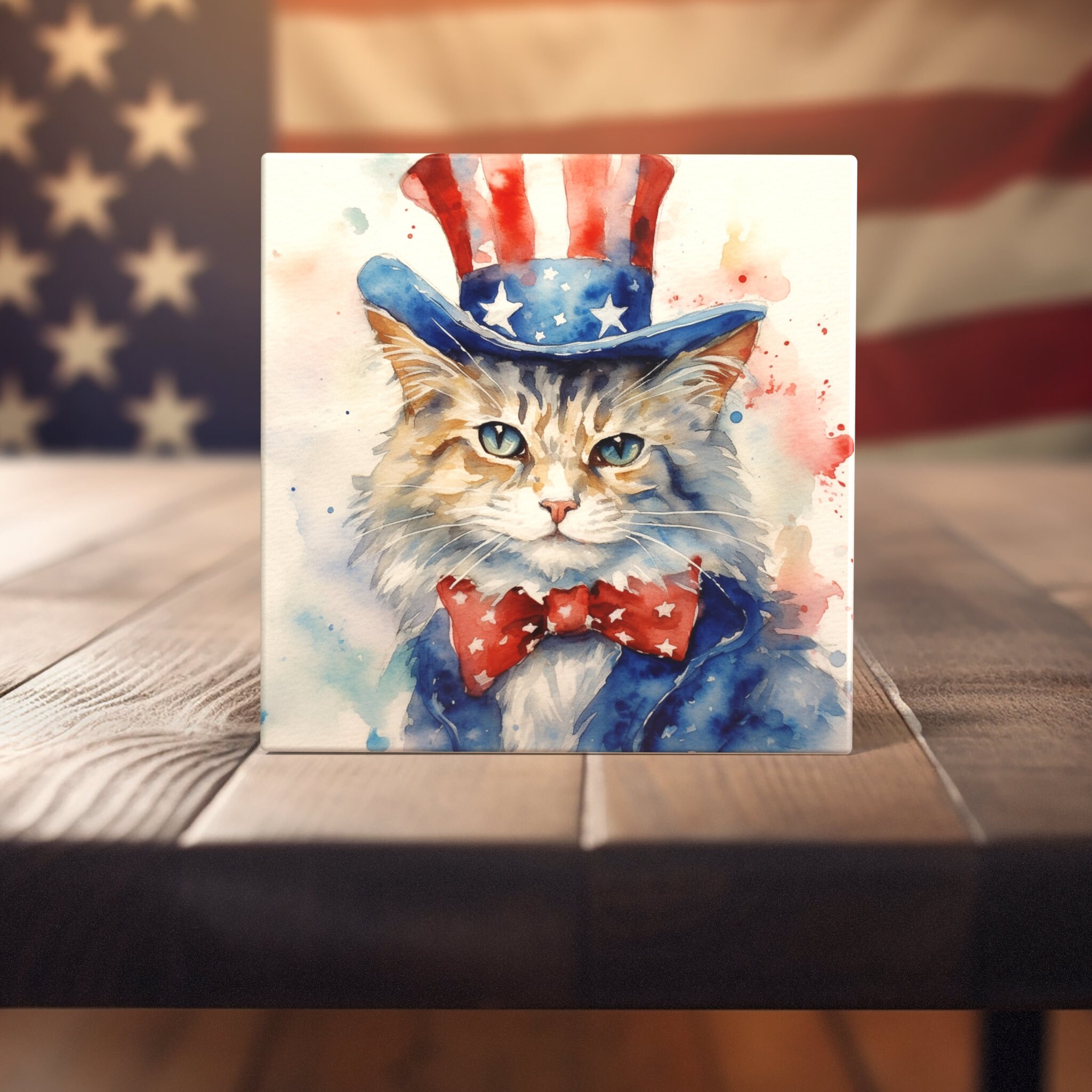 Patriotic Purr - Uncle Sam Inspired Cat Watercolor Art Tile for ...