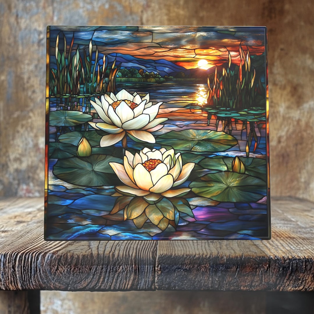 Sunset Pond With Water Lilies Porcelain Tile – Stained Glass Landscape ...