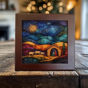 Starry Night Nativity Porcelain Tile - Inspiring Christmas Scene for ...