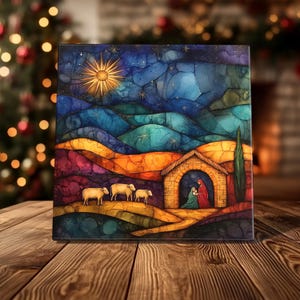 Starry Night Nativity Porcelain Tile - Inspiring Christmas Scene for ...