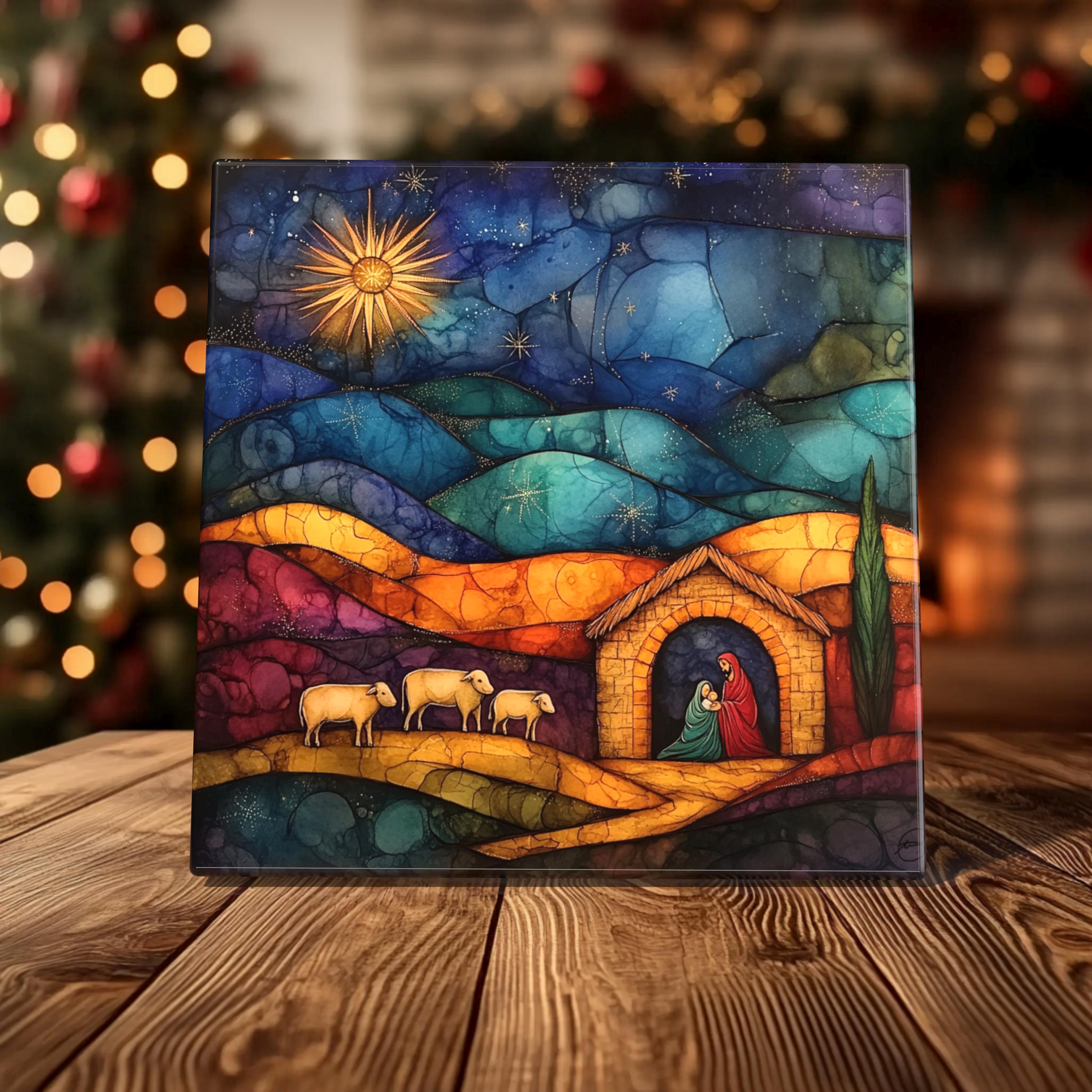 Starry Night Nativity Porcelain Tile - Inspiring Christmas Scene for ...