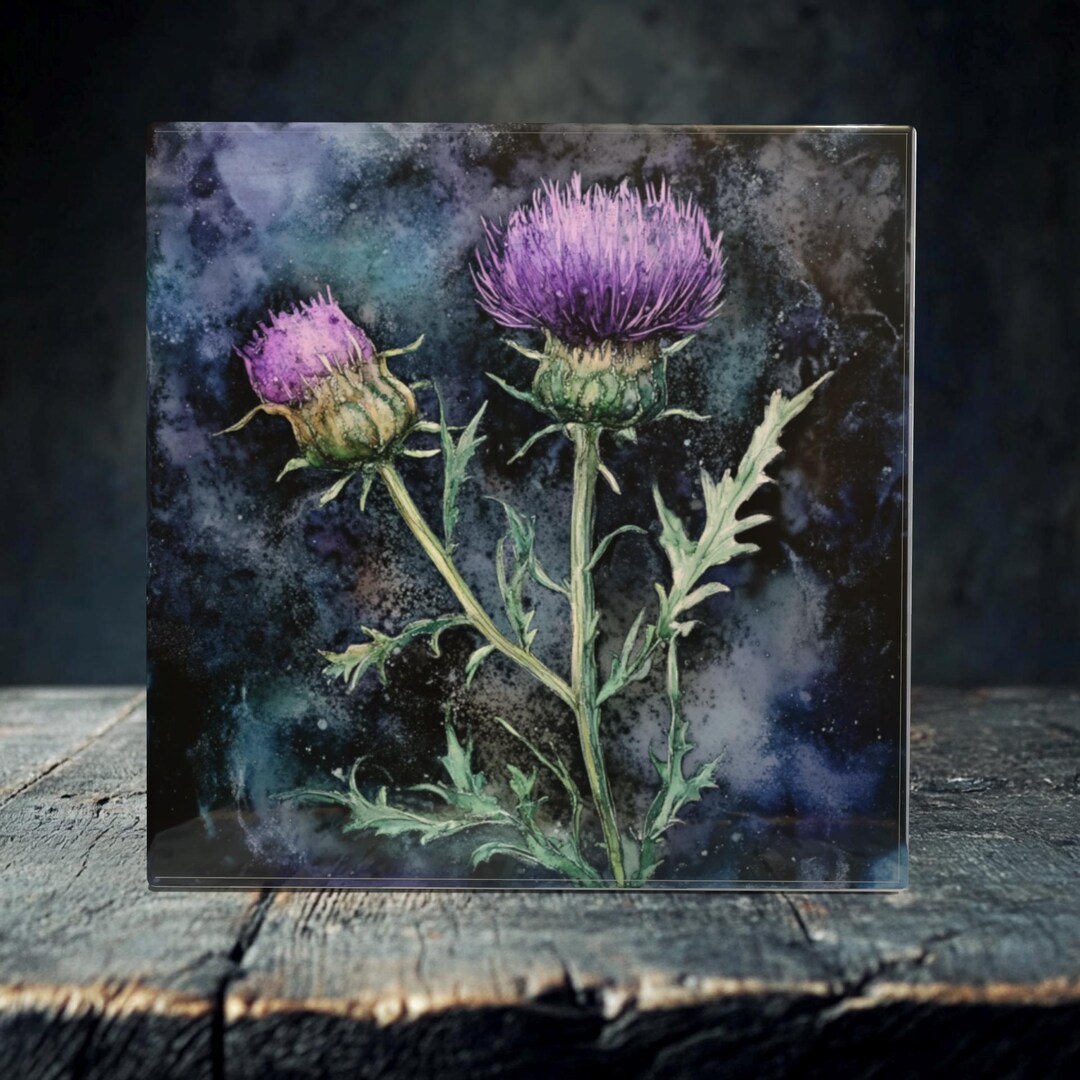 Vivid Thistle Porcelain Tile Art - Elegant Botanical Decor for Your ...