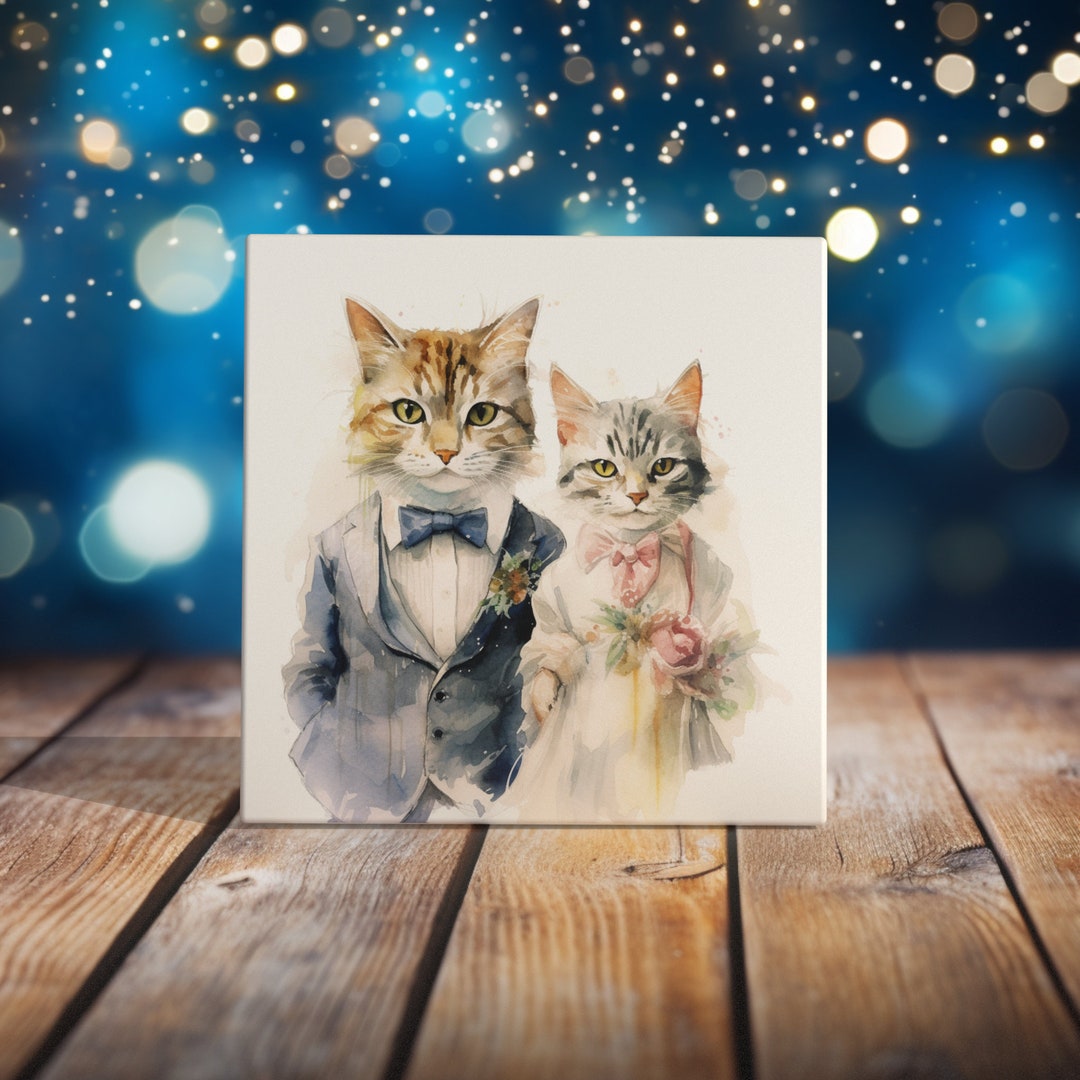 Watercolor Cat Couple Art Tile: Wedding Anniversary Home Decor - Etsy