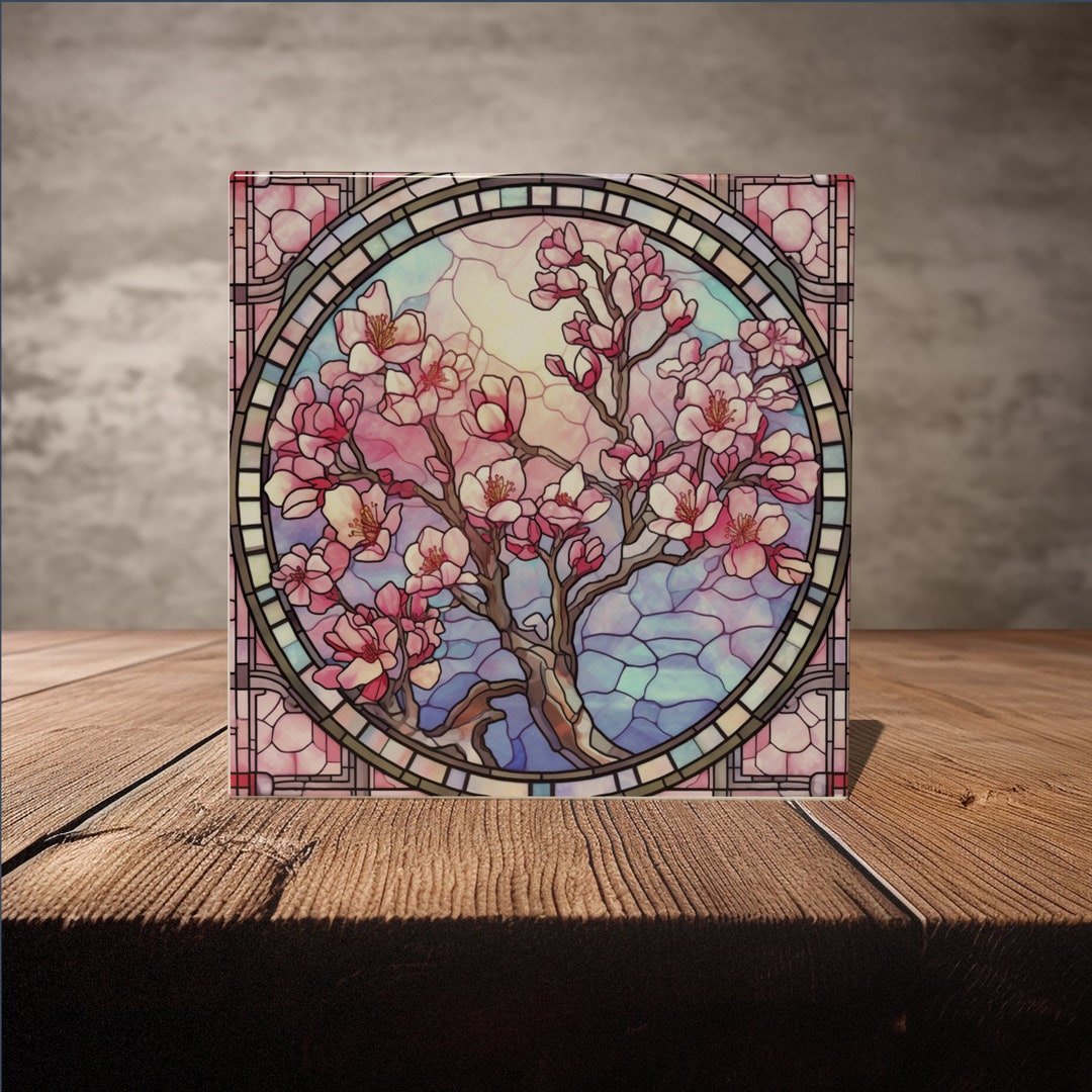 Cherry Blossom Stained Glass Ceramic Tile - Art Nouveau Home Accent - Etsy
