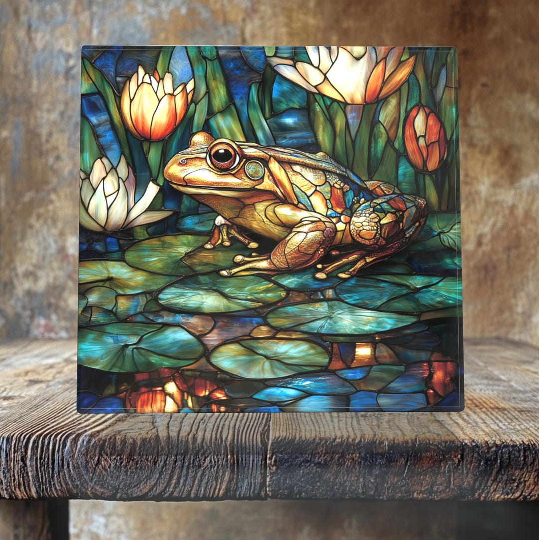 Colorful Frog on Lily Pads Porcelain Tile – Stained Glass-style Pond ...
