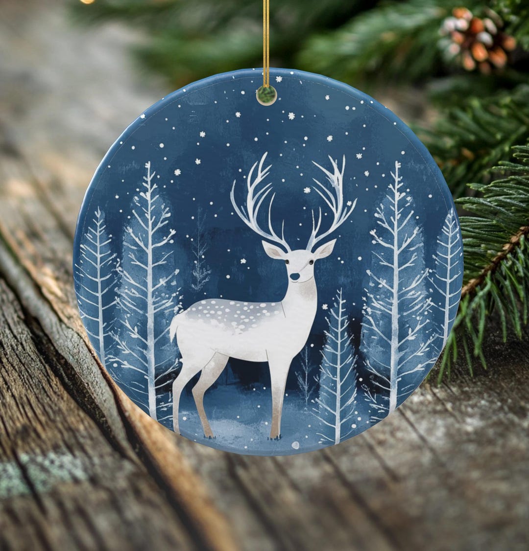Snowy Stag Porcelain Christmas Ornament - Double-sided Winter ...
