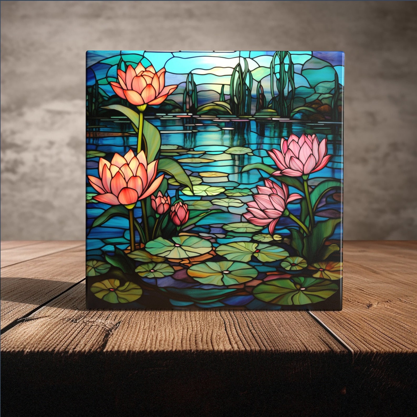 Stained Glass Styled Lotus Pond Ceramic Tile Tranquil Water Garden ...