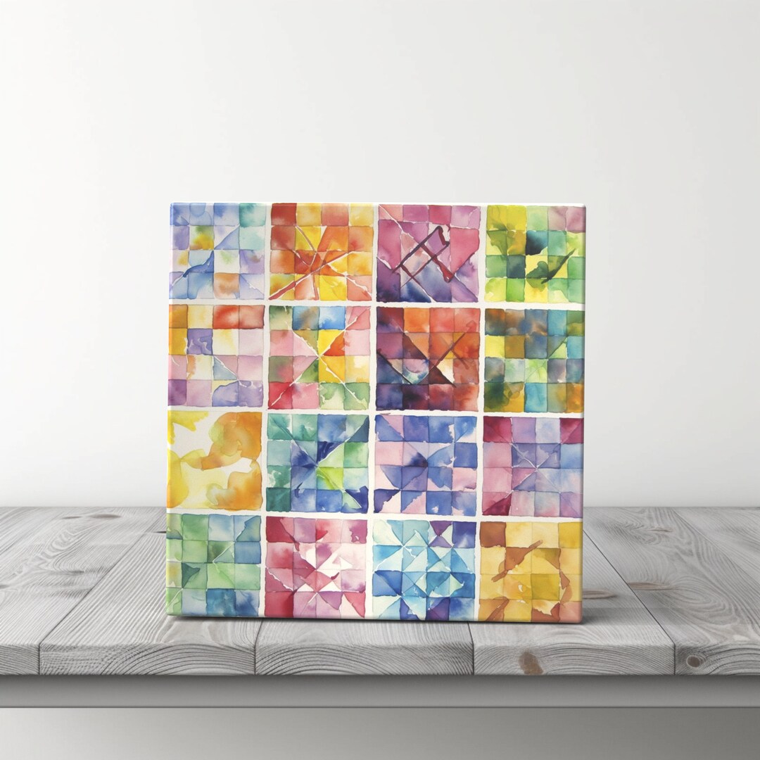 Vibrant Watercolor Quilt Pattern Ceramic Tile - Handcrafted Artistic ...