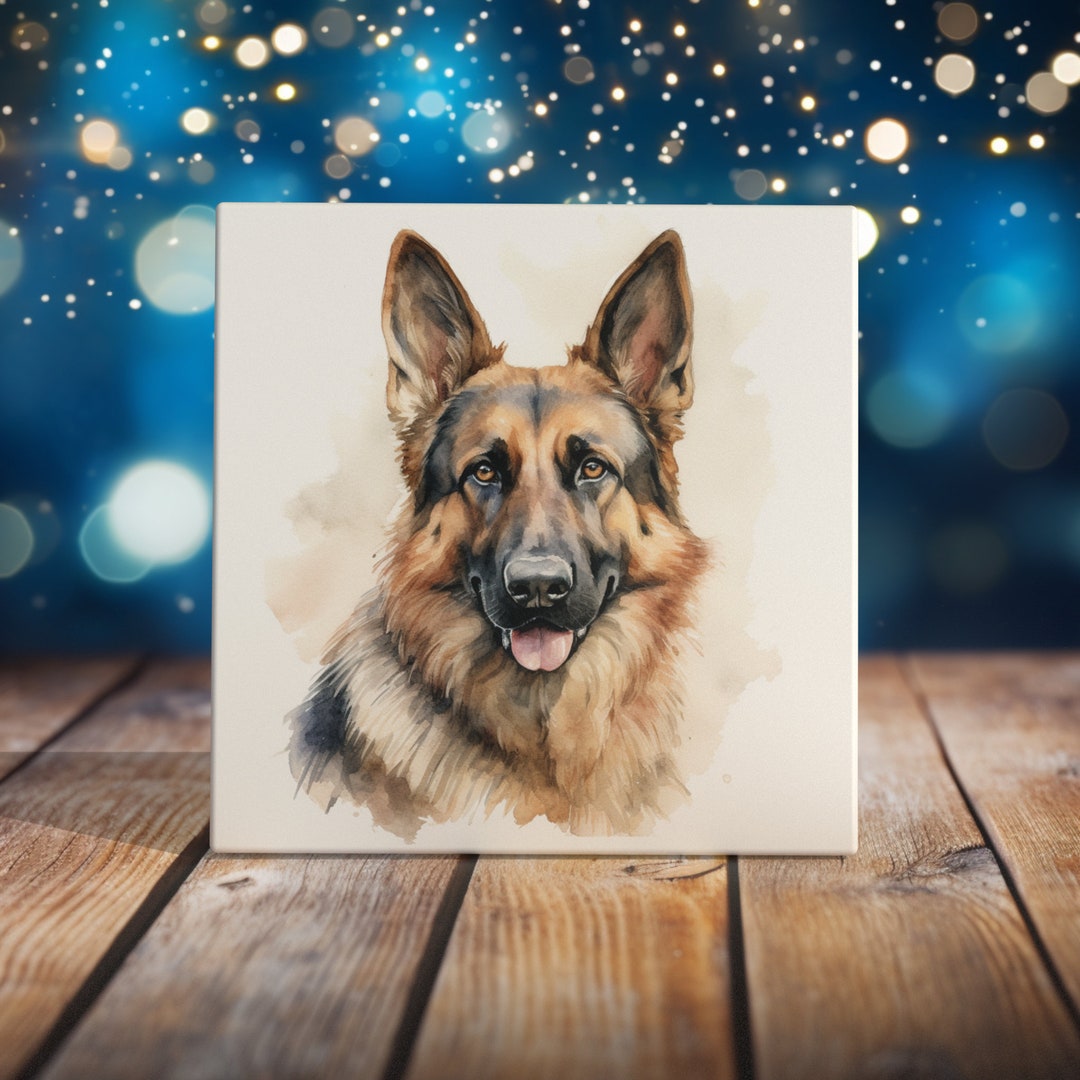 Regal German Shepherd Watercolor Art Tile - Handcrafted Decor for Dog ...