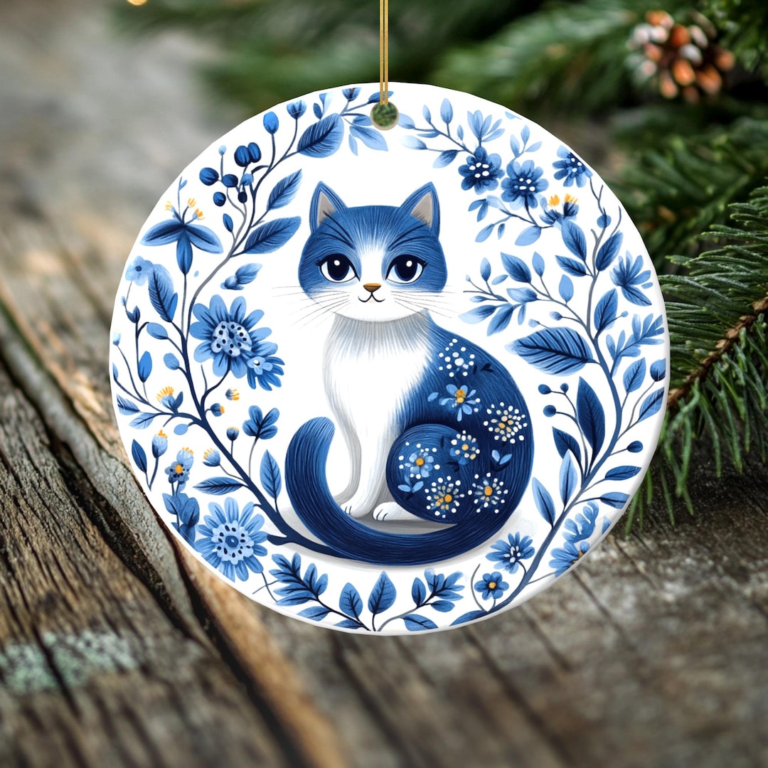 Blue Floral Burst Cat – Double-sided Porcelain Ornament - Etsy