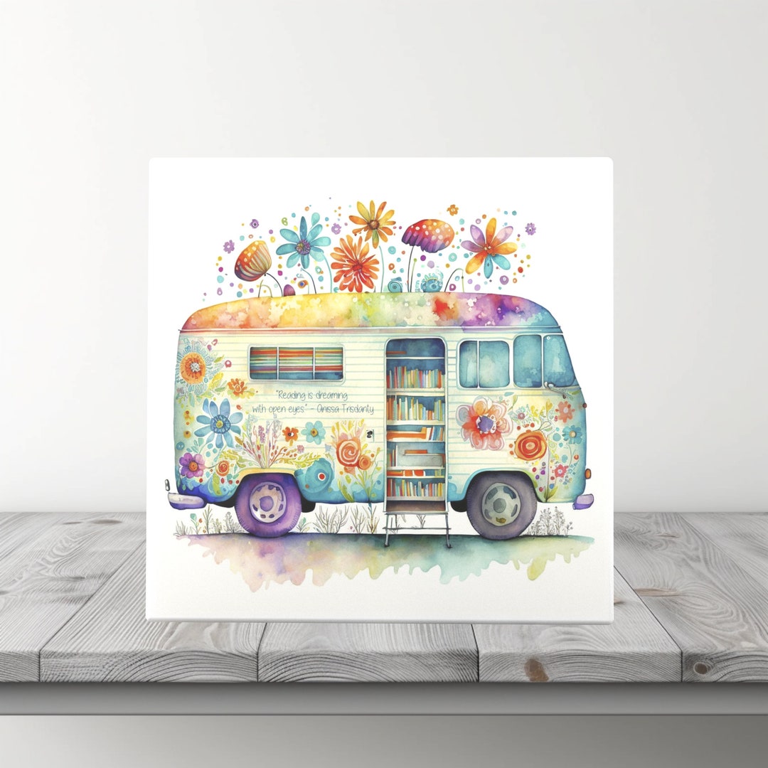 Enchanted Bookmobile Watercolor Art Tile: Whimsical Floral Library Van ...