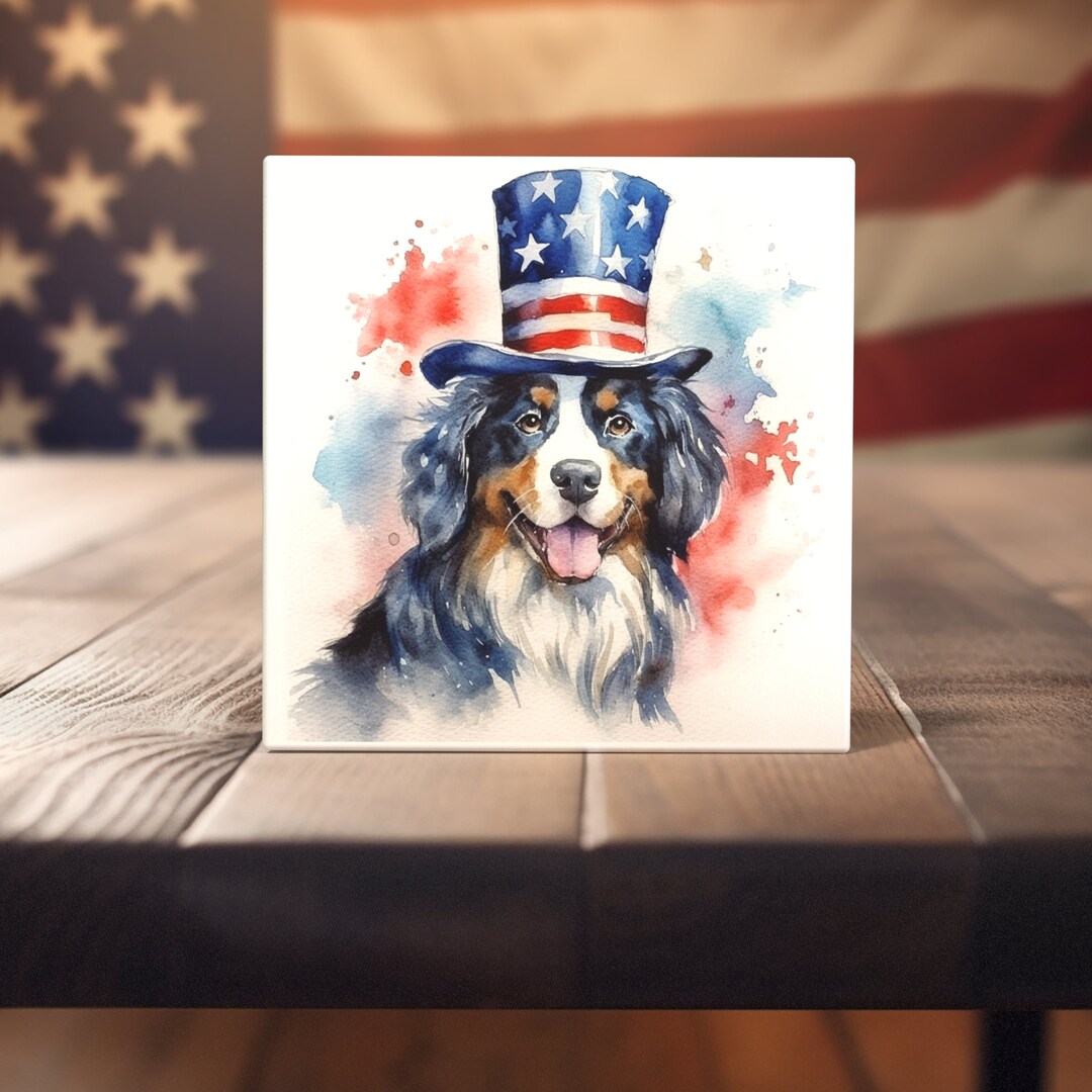 Patriotic Bernese Mountain Dog Art Tile - Uncle Sam Hat Watercolor for ...