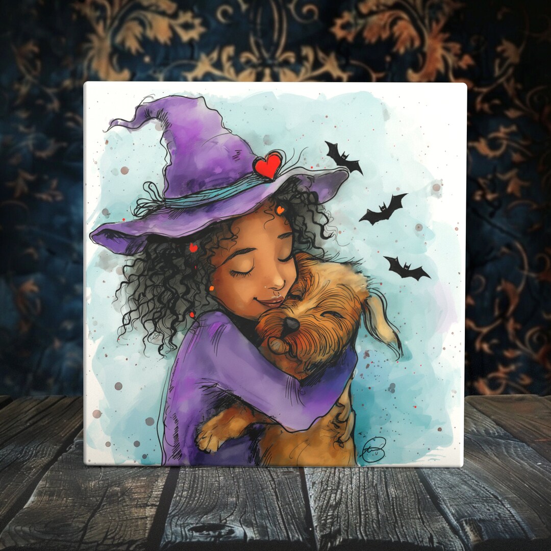 Halloween Witch & Dog Hug Art Tile: Dual Finish Porcelain - Etsy