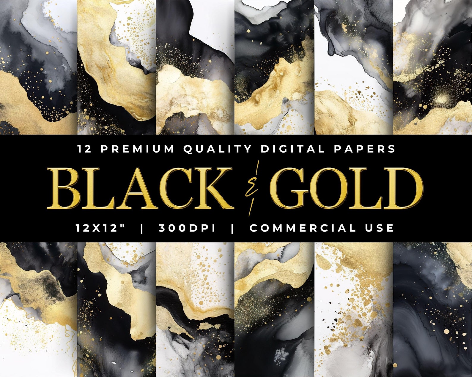 Black and Gold Abstract Digital Papers - Luxurious Watercolor Designs ...