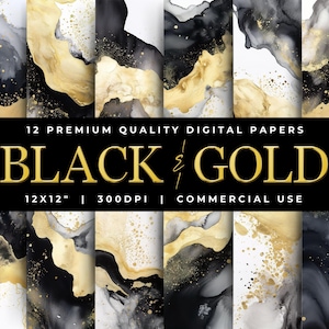 Black and Gold Abstract Digital Papers - Luxurious Watercolor Designs ...