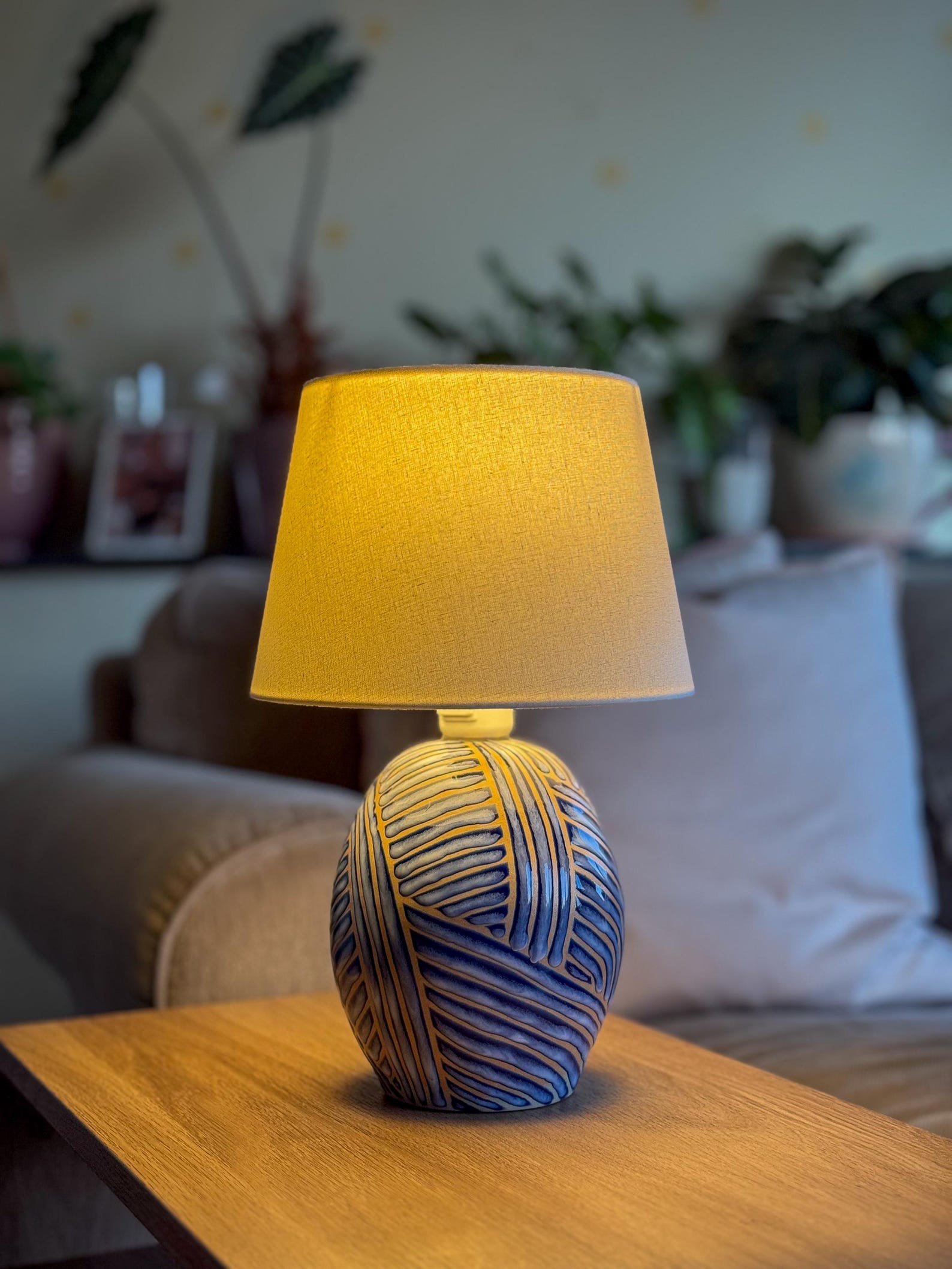Handmade Glazed Ceramic Table Lamp - Artisanal Blue Pattern Bedside ...