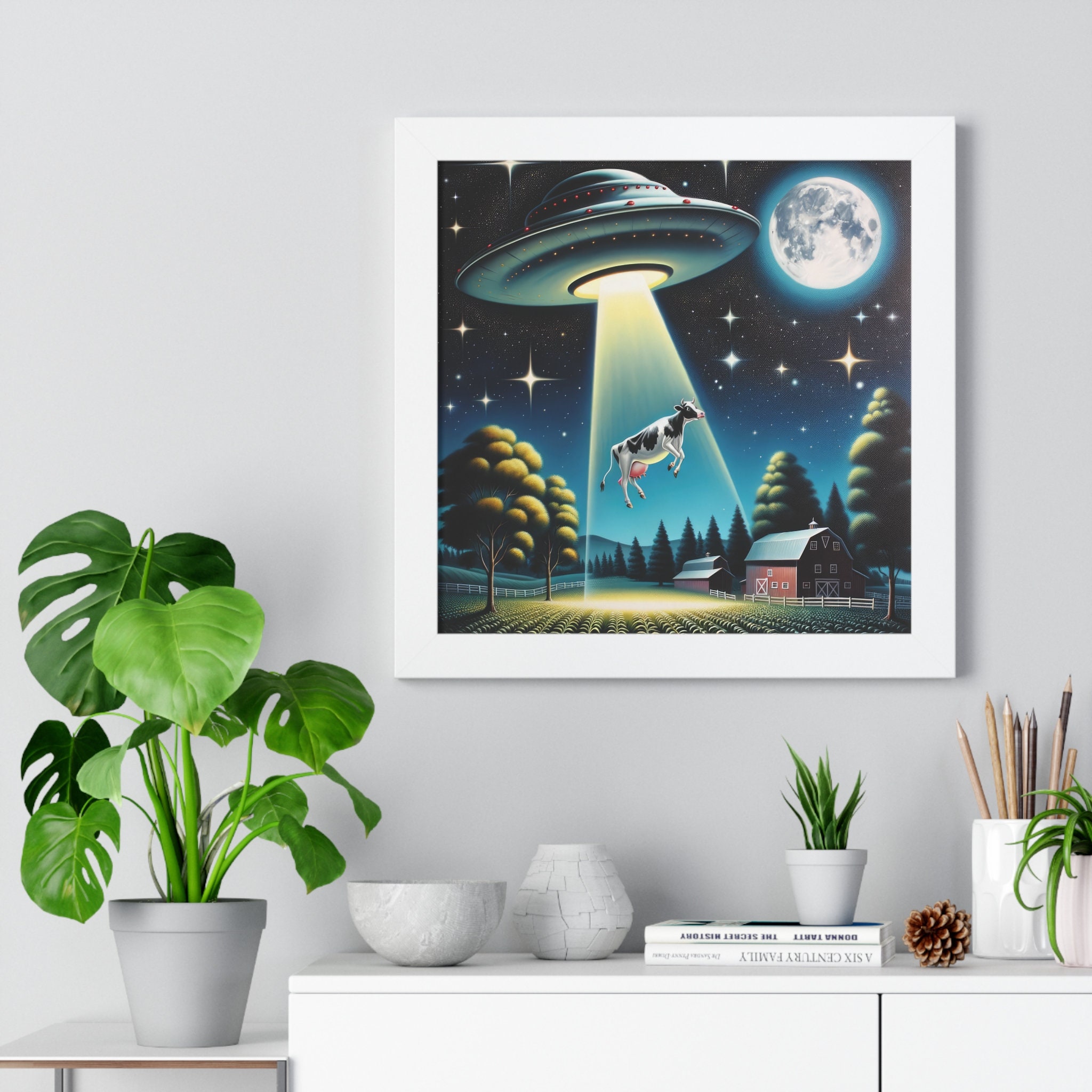 Vintage Style UFO Cow Framed Horizontal Poster, Cattle Abduction Wall ...