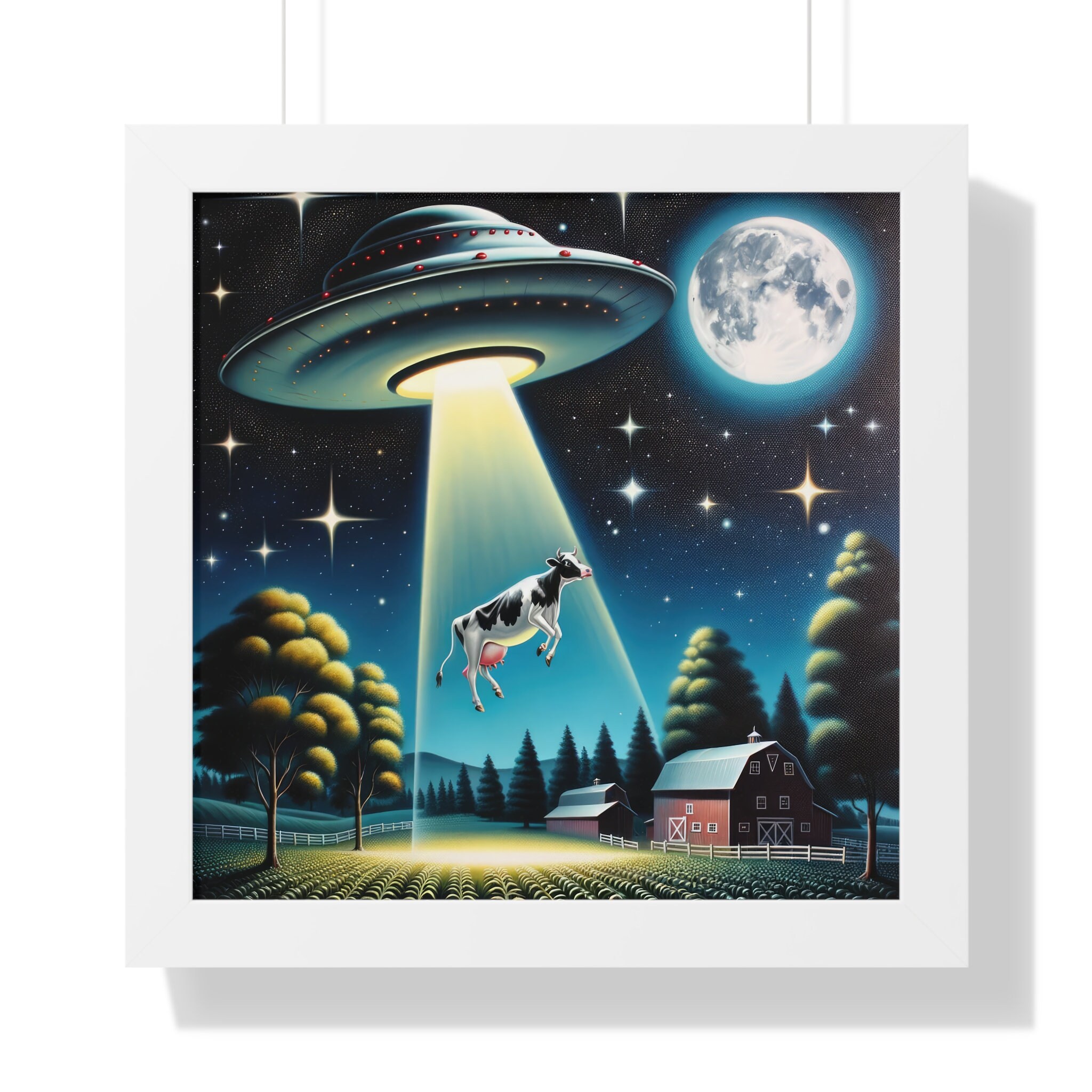 Vintage Style UFO Cow Framed Horizontal Poster, Cattle Abduction Wall ...