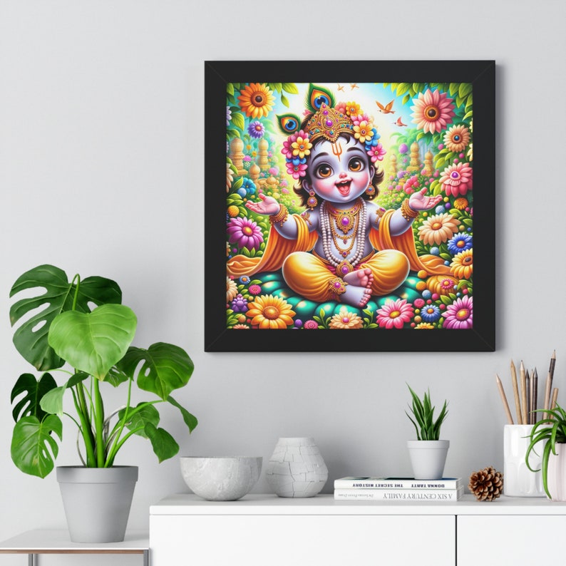 Colorful Flower Baby Krishna 16 X 16 Framed Poster, Baby Krishna Wall ...