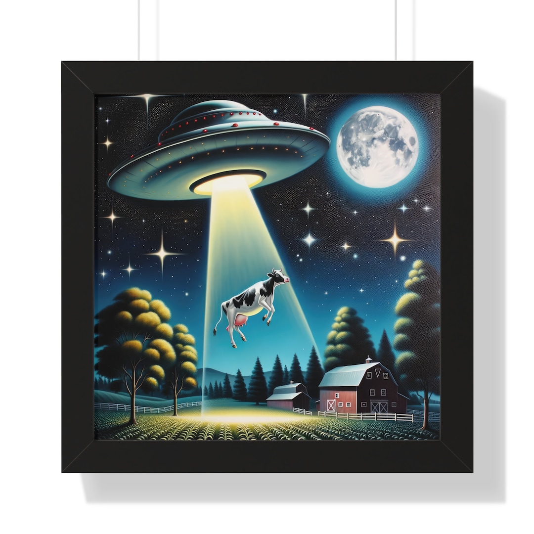 Vintage Style UFO Cow Framed Horizontal Poster, Cattle Abduction Wall ...