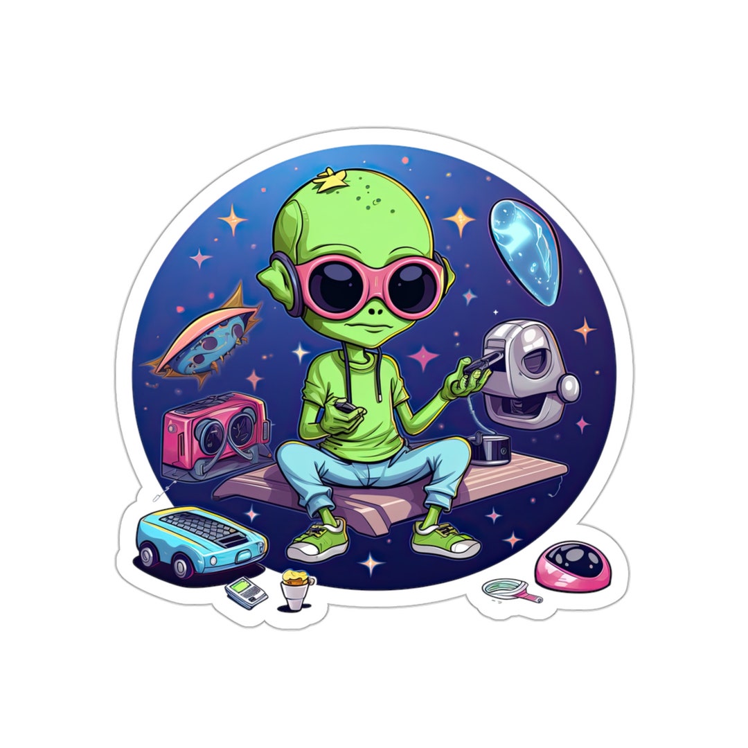 Chilling Alien Sticker, Cool Alien, Cartoon Alien Stickers, Colorful ...