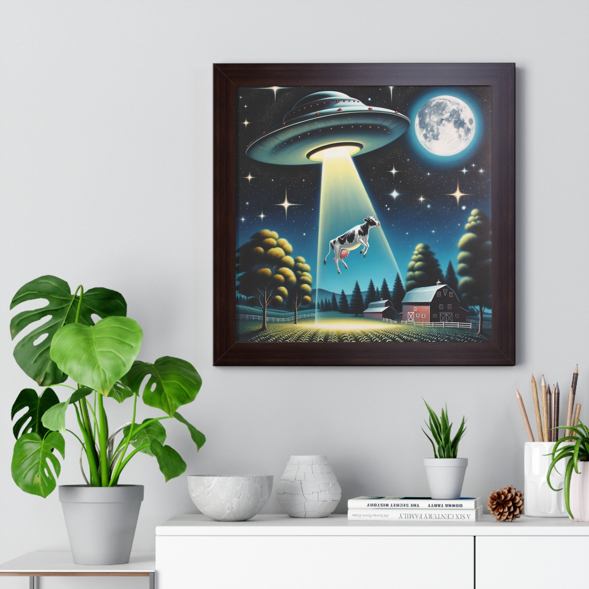 Vintage Style UFO Cow Framed Horizontal Poster, Cattle Abduction Wall ...