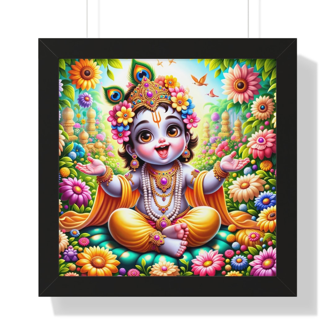 Colorful Flower Baby Krishna 16 X 16 Framed Poster, Baby Krishna Wall ...
