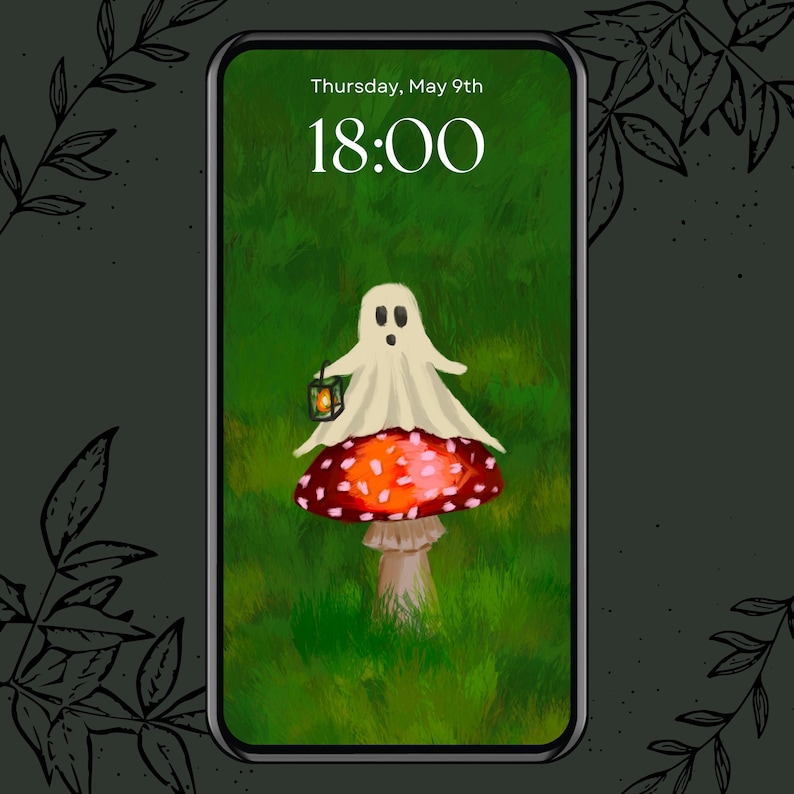 Cute Spooky Ghost on a Mushroom With a Lantern | Phone Wallpaper ...