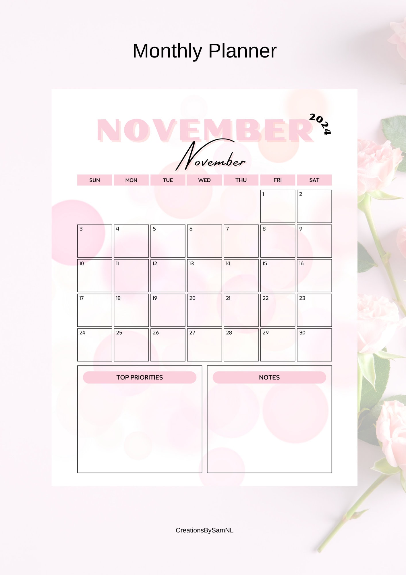 Pretty Pink Printable Calendar 2024 Monthly Planner Digital Download A4 ...