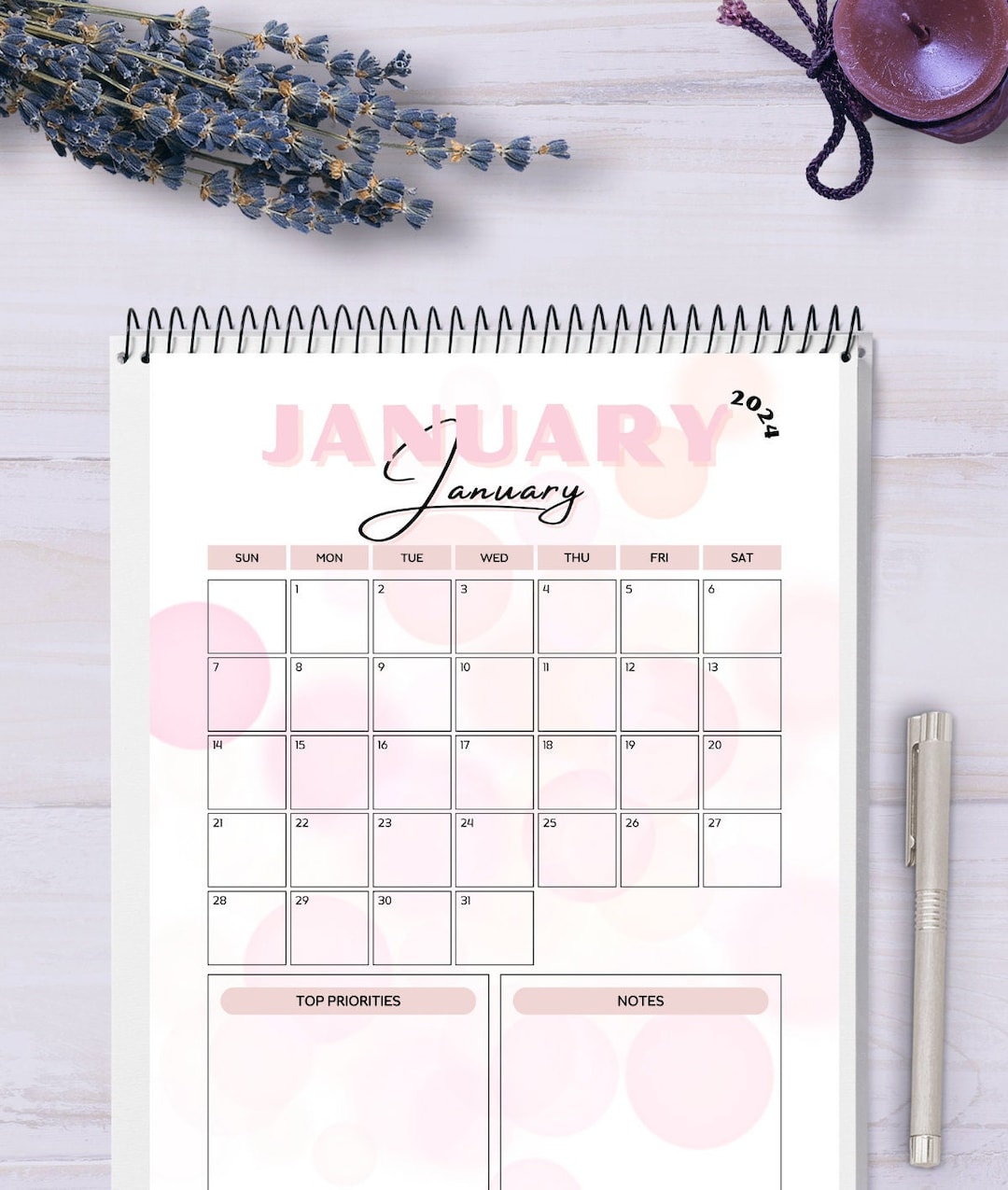Pretty Pink Printable Calendar 2024 Monthly Planner Digital Download A4 ...