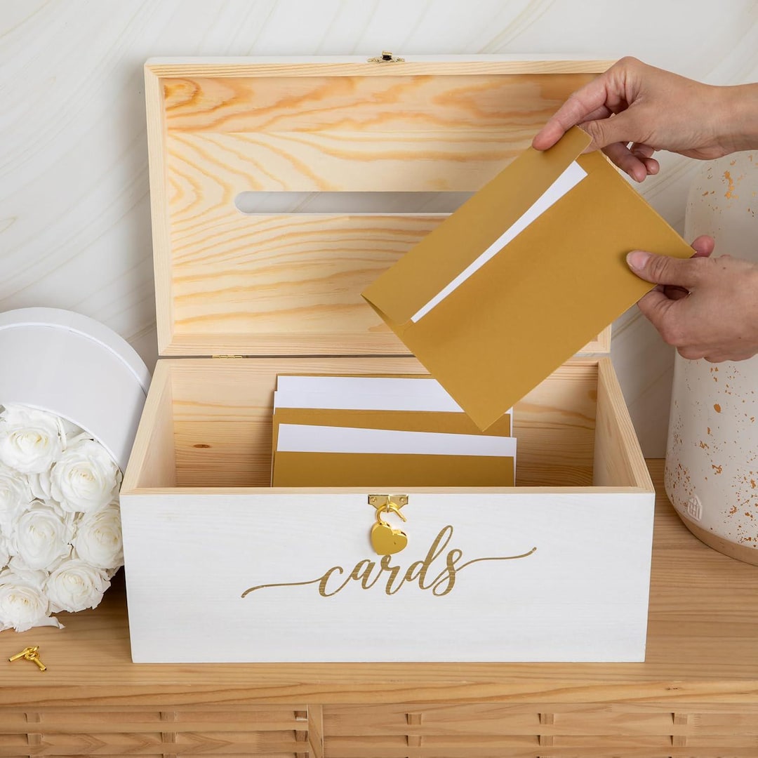 Wedding Card Box - 14 X 9 X 6.5 - White With Gold Sign - Secure Wedding ...