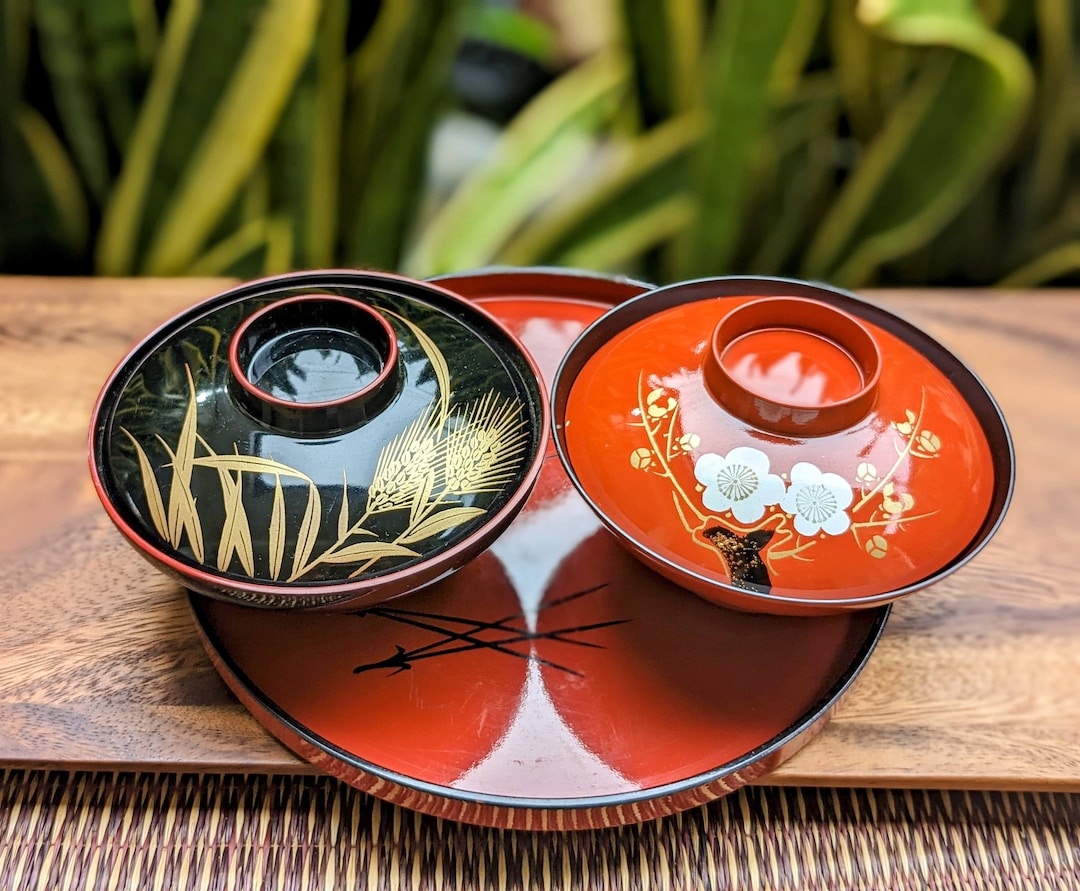 Vintage Japanese Laquered Set | 2 Bowls & Tray | Red and Black Japanese ...