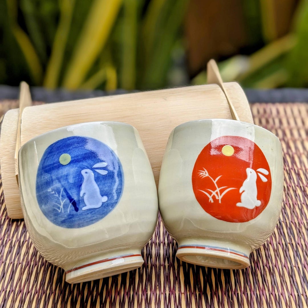 2 Japanese Vintage Moon Rabbit Tea Cups - Handpainted Ceramic Tea Cup ...