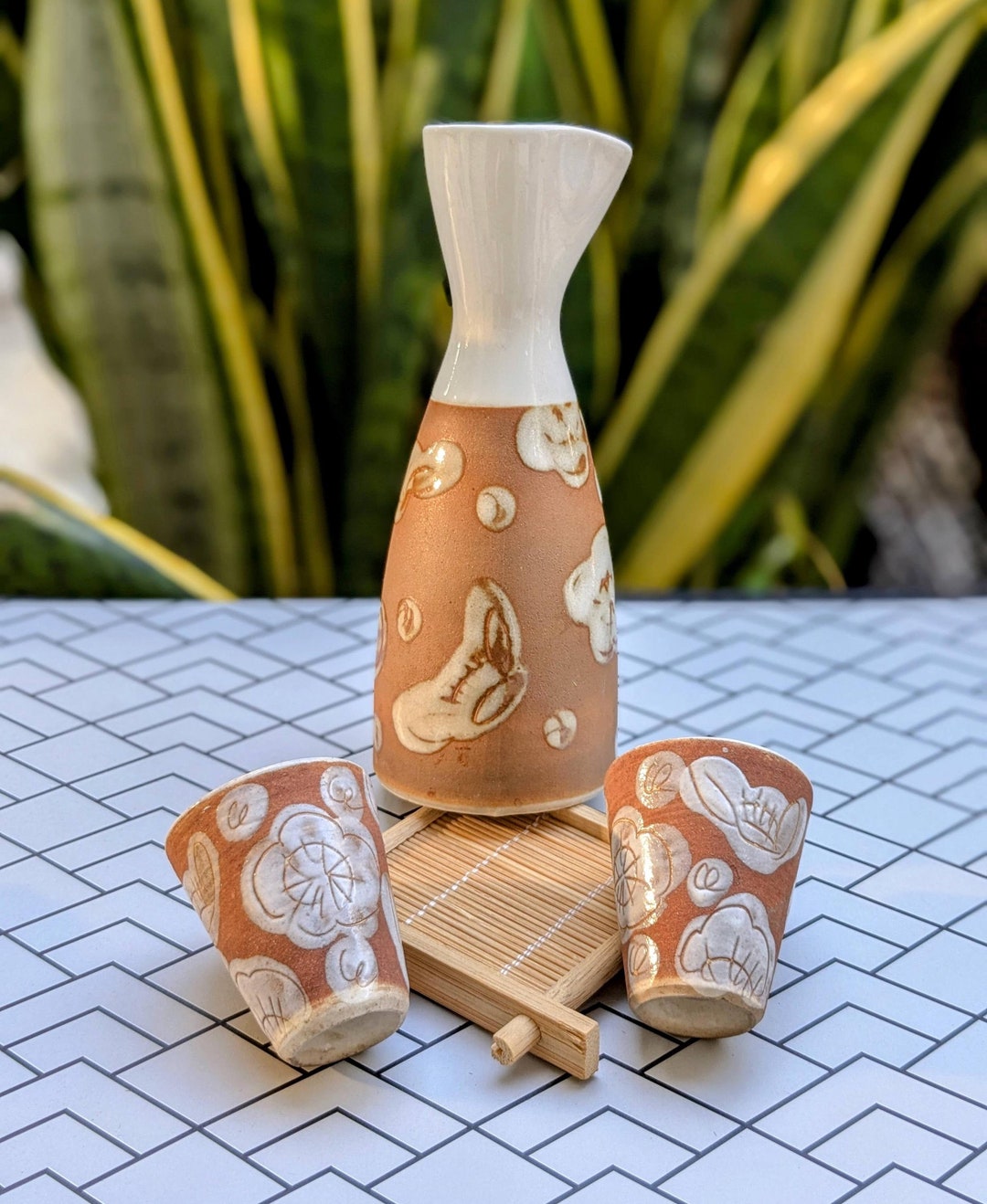 Japanese Vintage Sake Set - Ceramic Glaze Sakura Pattern Bottle and 2 ...