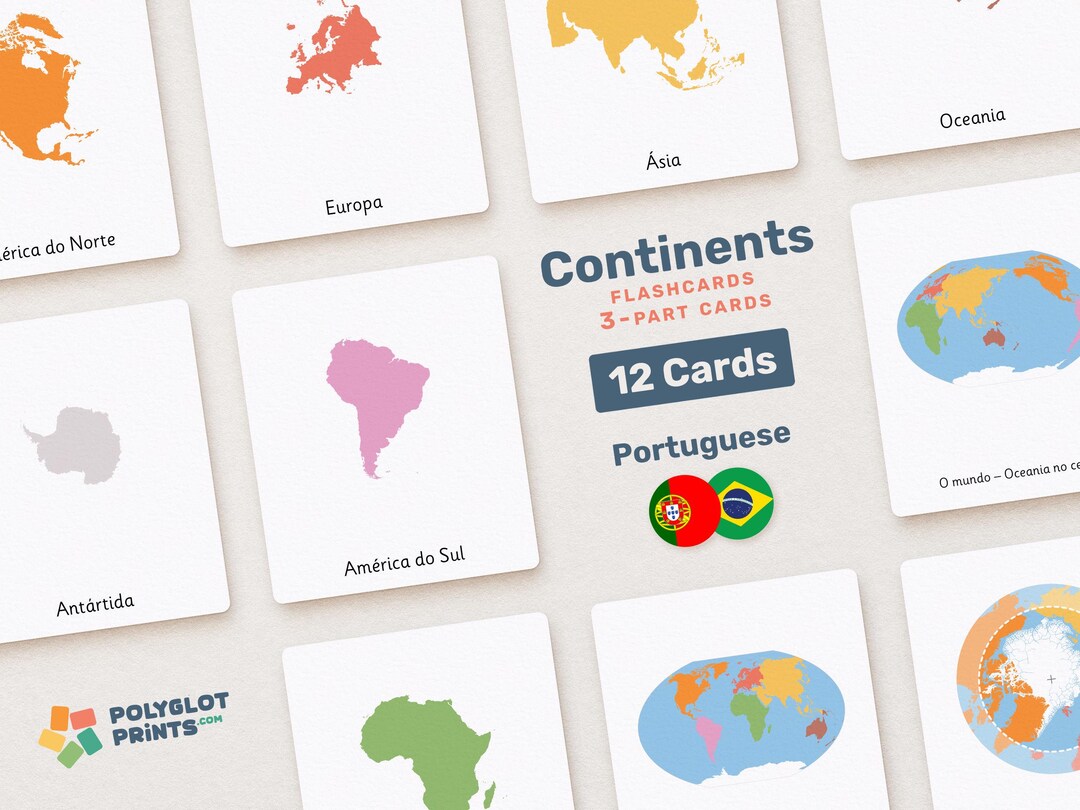 Portuguese Continents Cards - Printable Montessori Flashcards for Kids ...